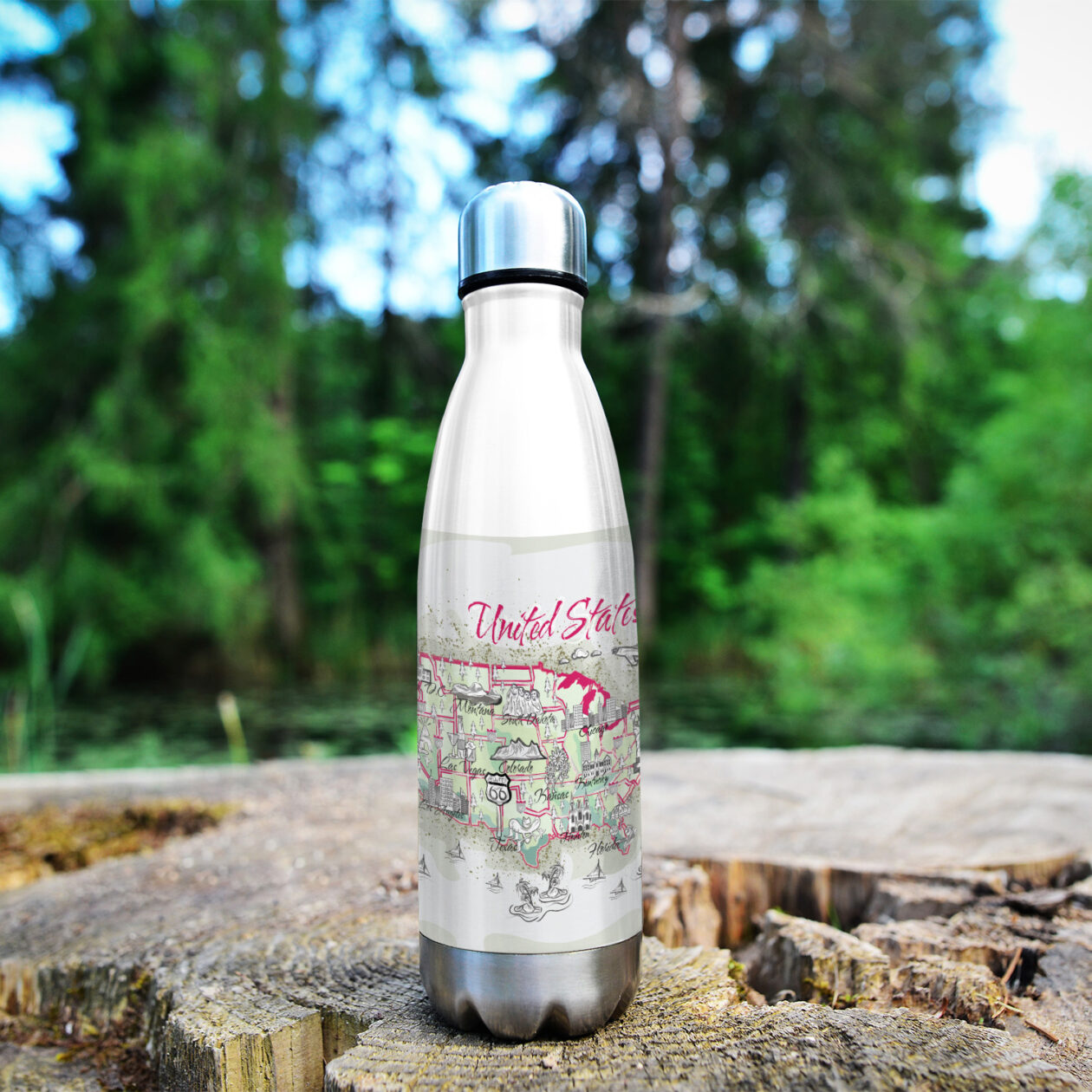 United States Illustrated Map Stainless Steel Water Bottle | Vinapa ...